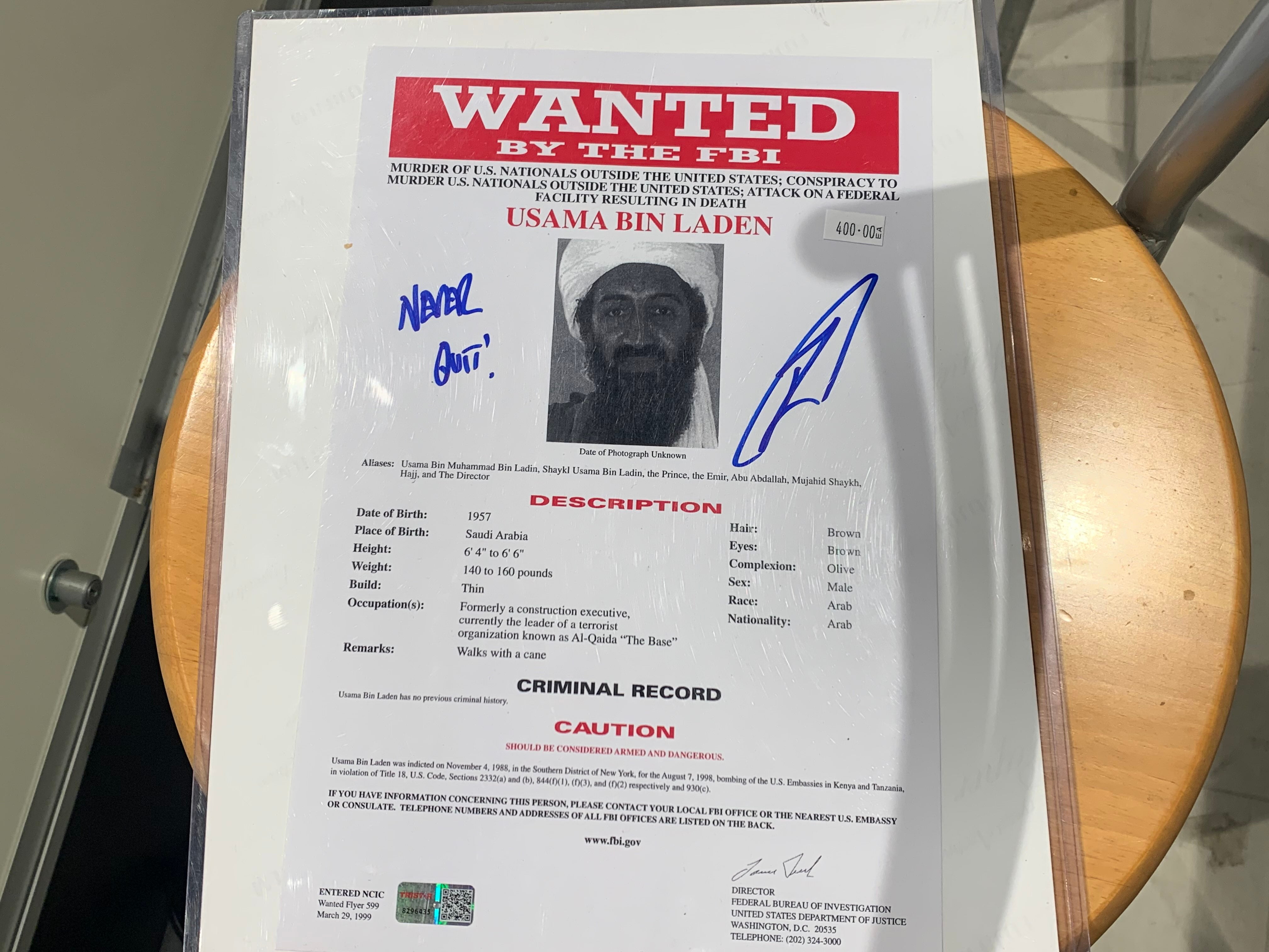 Wanted by the FBI Poster Osama Bin Laden (Signed Never Quit by Robert J ...